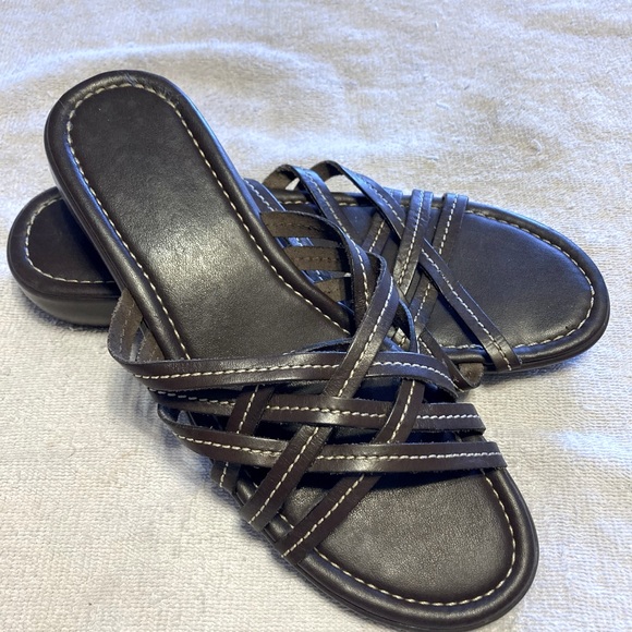 George | Shoes | George Leather Strappy Brown Sandals Slip On Size ...